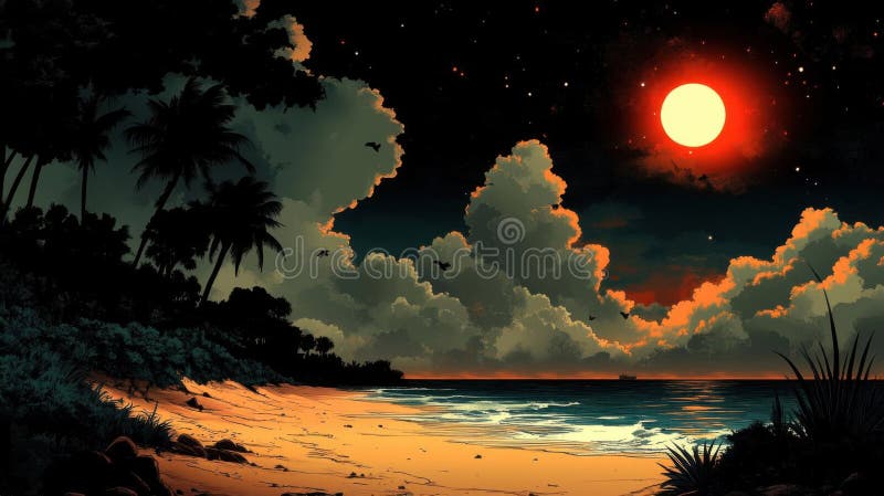 Tropical Night: Red Moon & Palm Trees Stock Photo - Image of moon ...