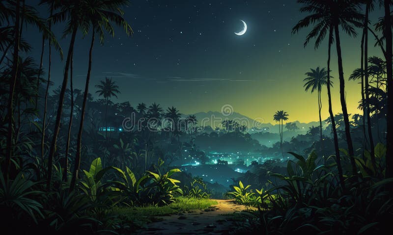Tropical Night Scene Features Crescent Moon, Palm Trees, and Winding ... Tropical Night Scene Features Crescent Moon, Palm Trees, and Winding ...