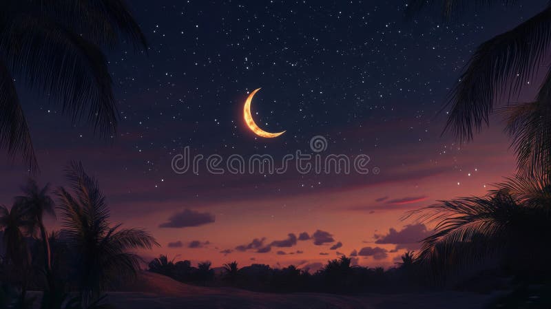 Tropical Night Sky with Crescent Moon and Stars Stock Illustration ...