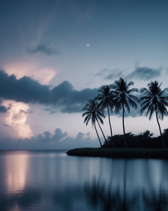 Tropical Night Sky with Palm Trees and Lagoon. Stock Photo - Image of ...