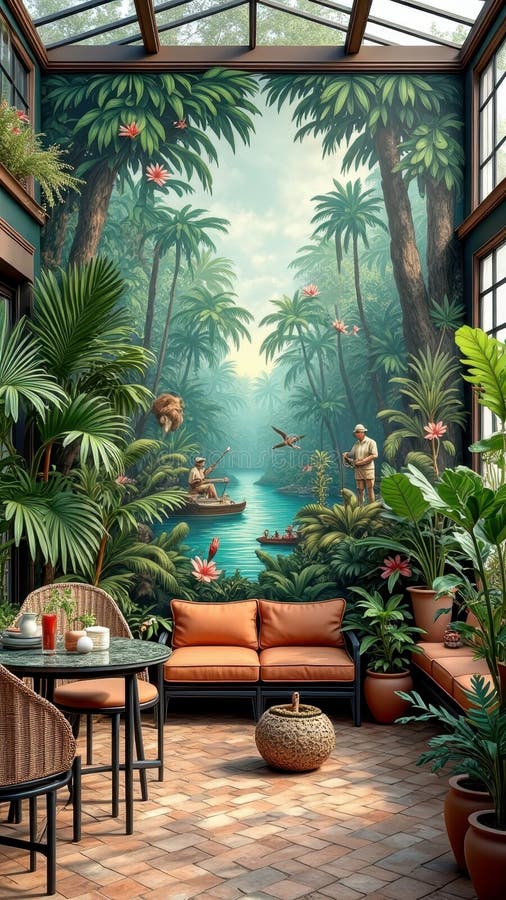 Tropical Oasis Atrium with Jungle Mural and Lush Greenery Under Glass ...