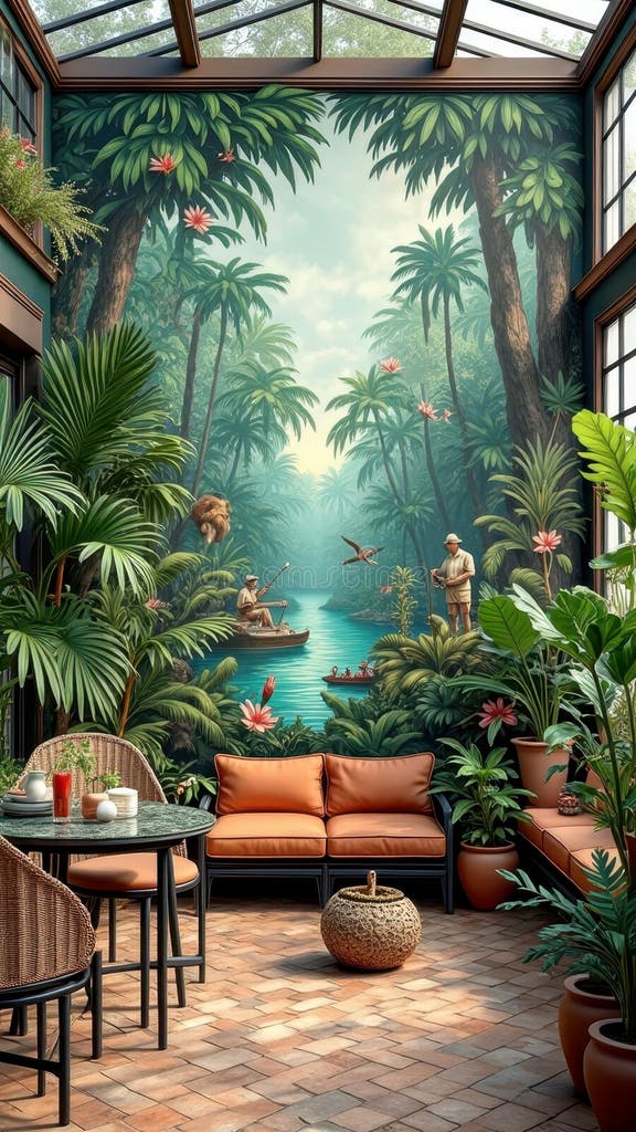Tropical Oasis Atrium with Jungle Mural and Lush Greenery Under Glass ...