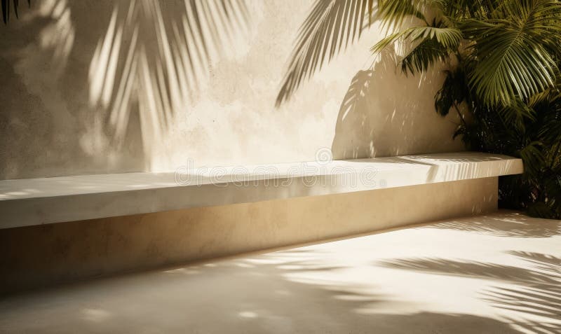 Tropical Oasis: Closeup of Cement Bench with Shadow on White Wall ...