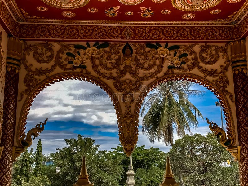 A Tropical Oasis Viewed through a Temples Arched Windows. Stock Image ...