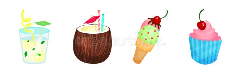 Tropical Objects and Element with Cocktail, Ice Cream and Cupcake ...