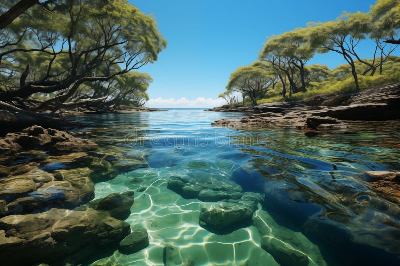 Tropical Ocean Bay with Clear Blue Water and Mangrove Forests Stock ...