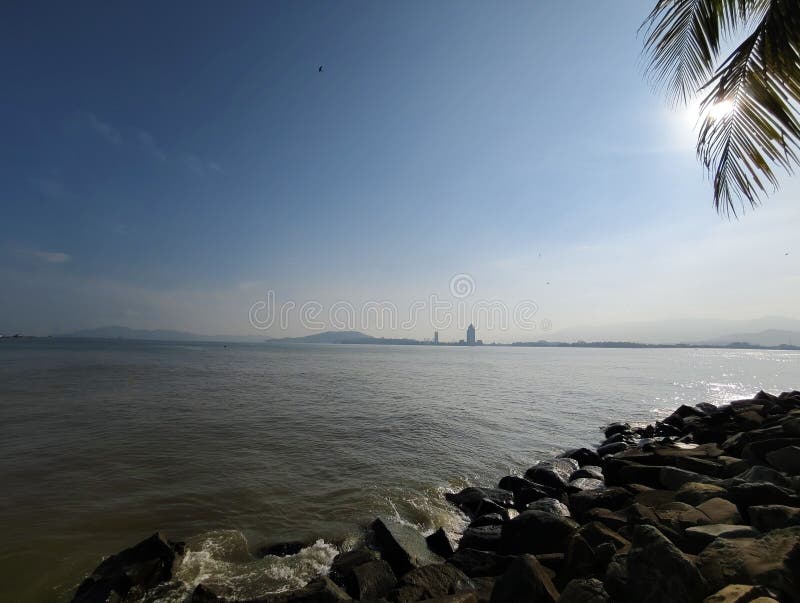 Tropical Ocean View with Palm and Distant Skyline Stock Image - Image ...