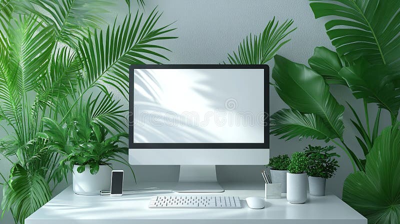 Tropical Office Desk Mockup Computer, Plants, Sunlight Stock ...