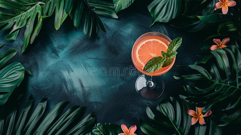 Tropical Orange Cocktail with Fresh Mint on Dark Botanical Background ...