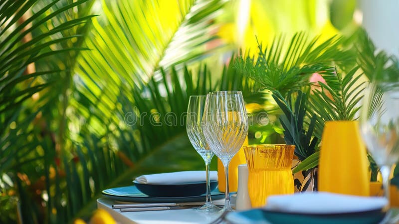 Tropical Outdoor Dining Table Setting Stock Image - Image of palm ...