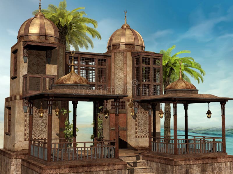 Tropical Palace with Palm Trees Stock Illustration - Illustration of ...