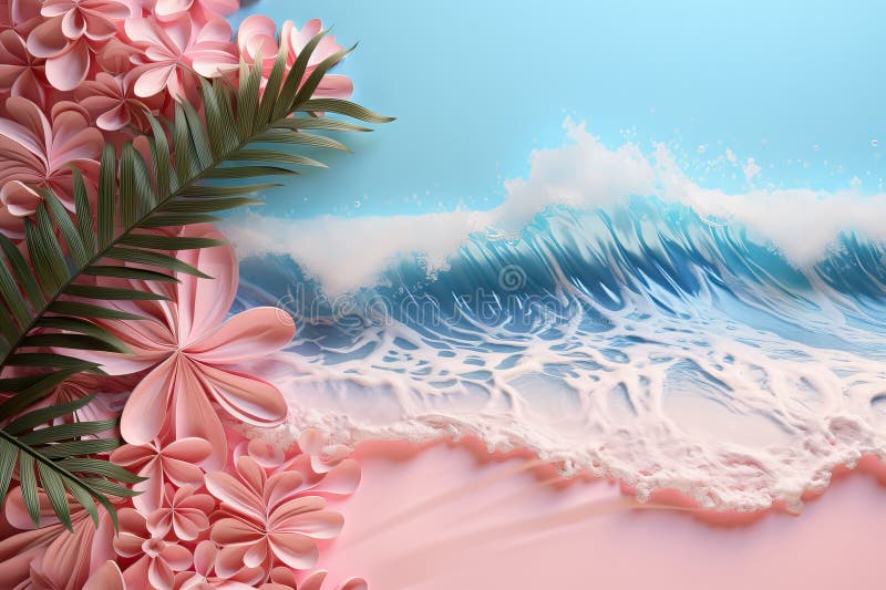 Tropical Palm Leaf and Soft Blue Wave on Pink Background Stock ...