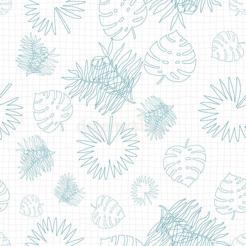 Tropical Palm Leaves Seamless Pattern on Grid Background. Blue ...