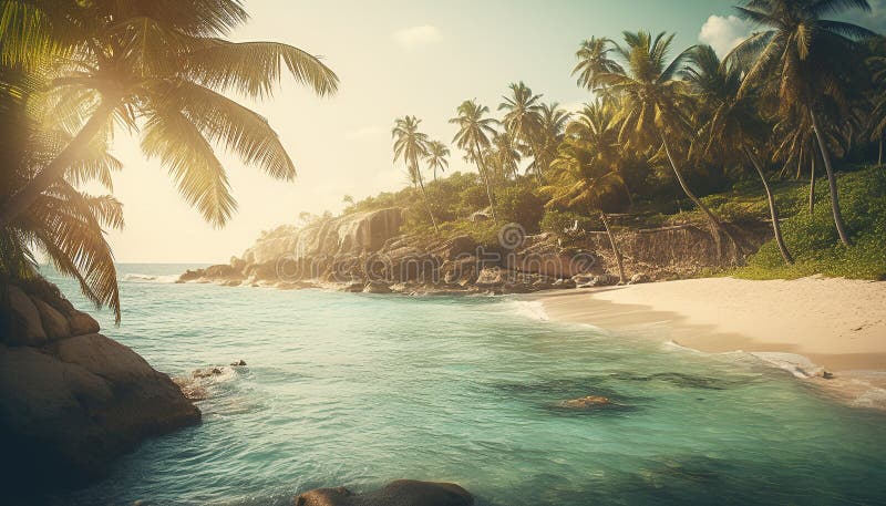 Tropical Palm Tree Sunset, Tranquil Waters Edge Generated by AI Stock ...