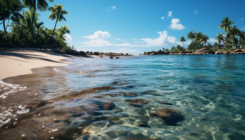 Tropical Palm Tree Sways, Waves Crash, Nature Tranquil Beauty Generated ... Tropical Palm Tree Sways, Waves Crash, Nature Tranquil Beauty Generated ...