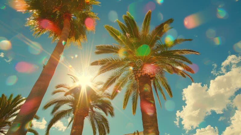 Tropical Palm Trees Basking in Radiant Sunlight with Lens Flare Stock ...