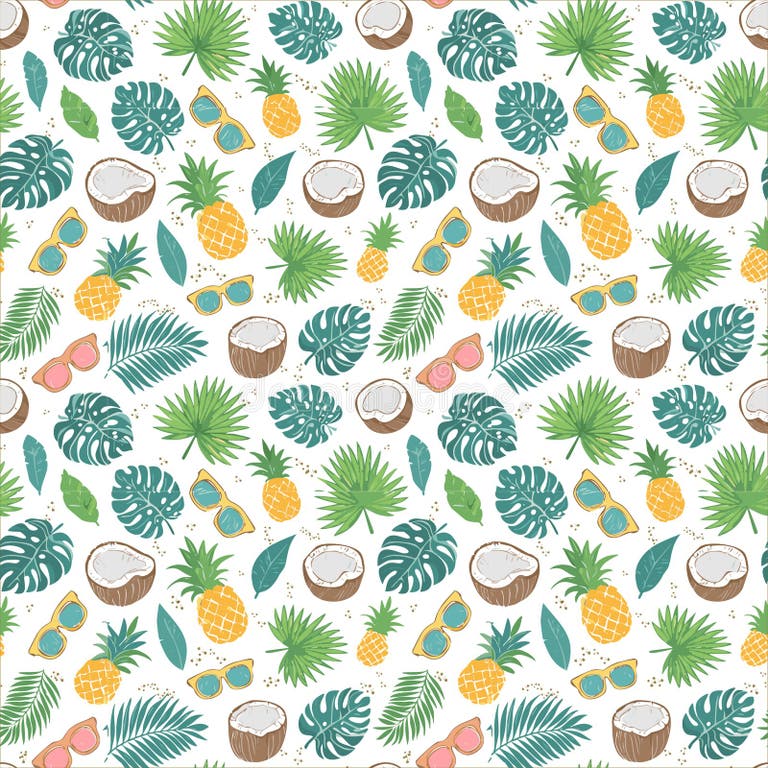 Seamless Pattern Featuring Tropical Motifs Including Pineapples ...