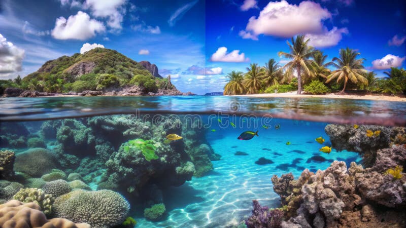 Tropical Paradise Above and Below, Split View, Coral Reef, Island, Fish ...