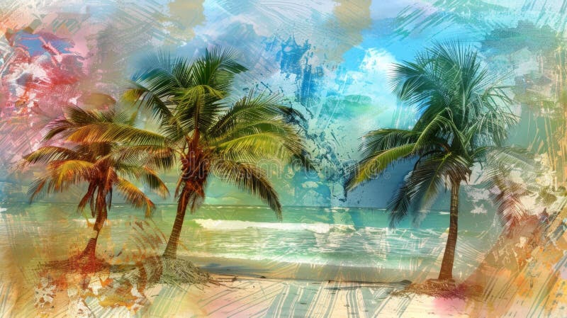 Tropical Paradise Abstract Art: Palm Trees and Ocean Splashes Stock ...