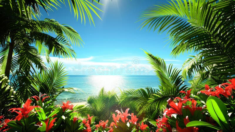 Tropical Paradise Beach with Lush Greenery and Bright Flowers Stock ...