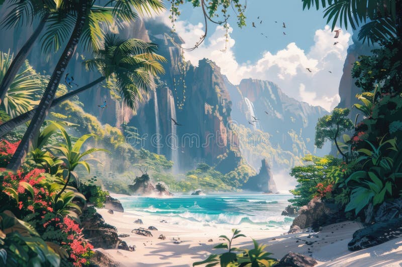 Tropical Paradise Beach with Stunning Cliffs, Waterfalls, and Lush ...