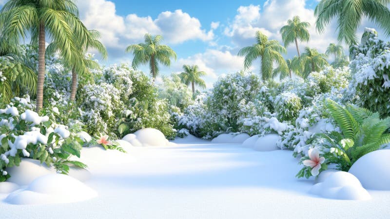 Tropical Paradise Covered in White Snow Under a Bright Blue Sky Stock ...