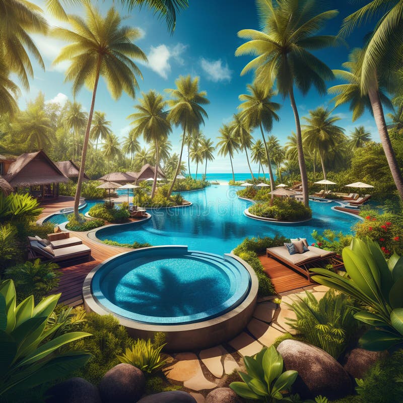 Tropical Paradise with a Crystal Clear Pool Surrounded by Lush Palm ...