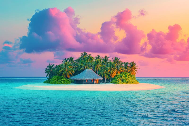 Tropical Paradise with a Dramatic Ocean View at Sunset, Highlighted by ...