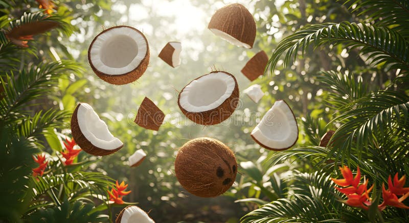 Tropical Paradise: Falling Coconuts in Lush Greenery Stock Illustration ...