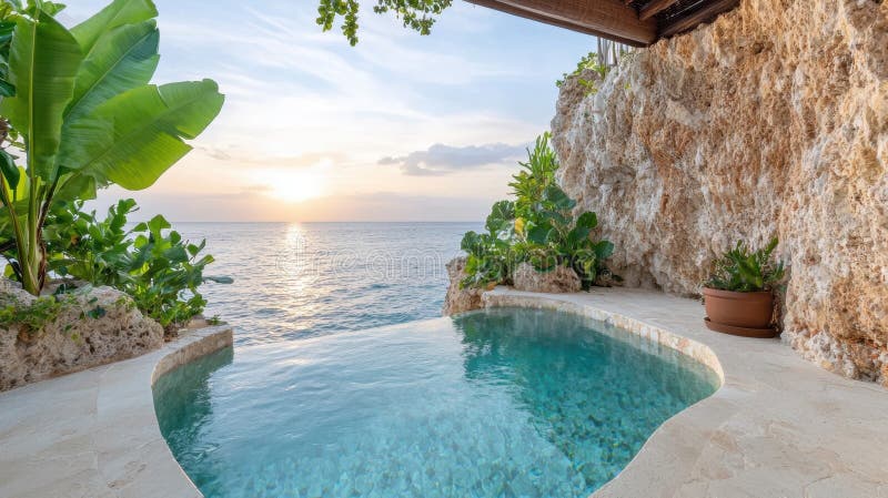 Tropical Paradise with Infinity Pool Overlooking the Ocean Stock ...