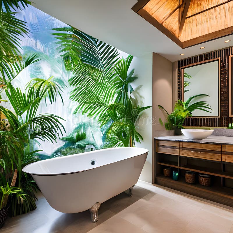 A Tropical Paradise Inspired Bathroom With Bamboo Accents Palm Leaf