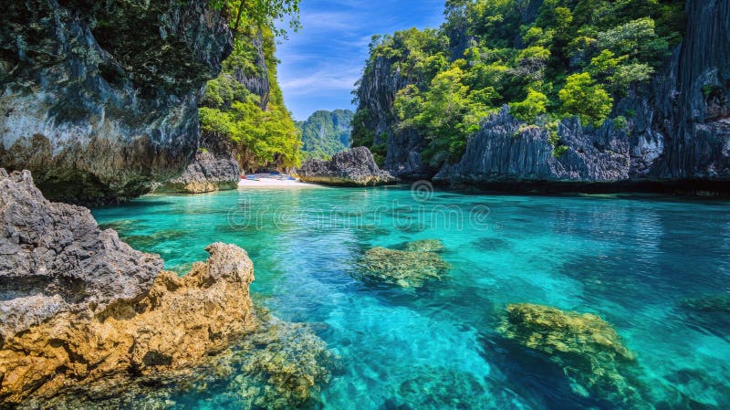 Tropical Paradise Lagoon with Crystal Clear Water and Lush Cliffs Stock ...
