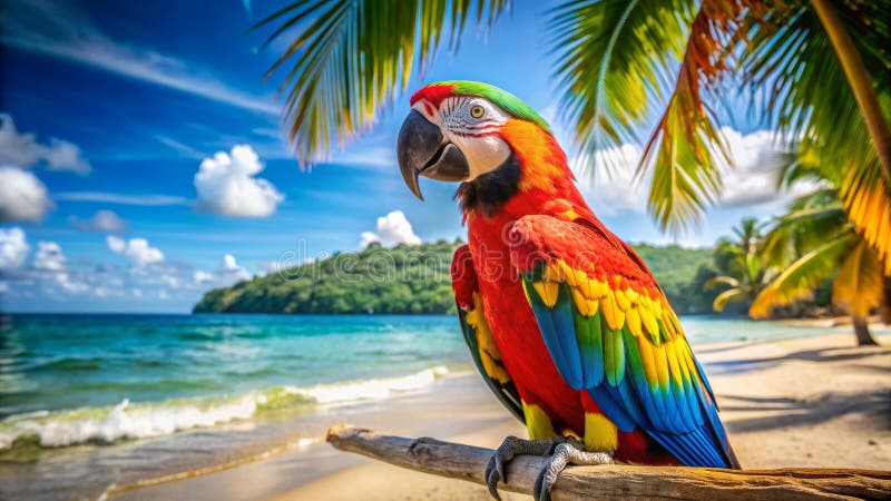 Tropical Paradise Macaw, Palm Tree, Beach, Parrot, Caribbean Stock ...