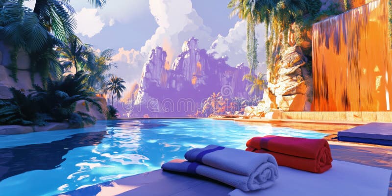 Tropical Paradise with Pool, Towels, and Waterfall in Serene Landscape ...