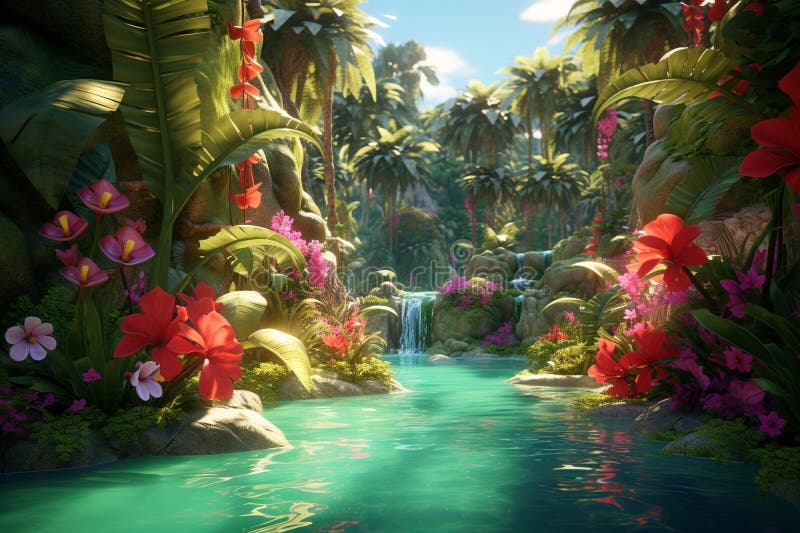 Tropical Paradise Scenes Featuring Lush Greens and Stock Illustration ...