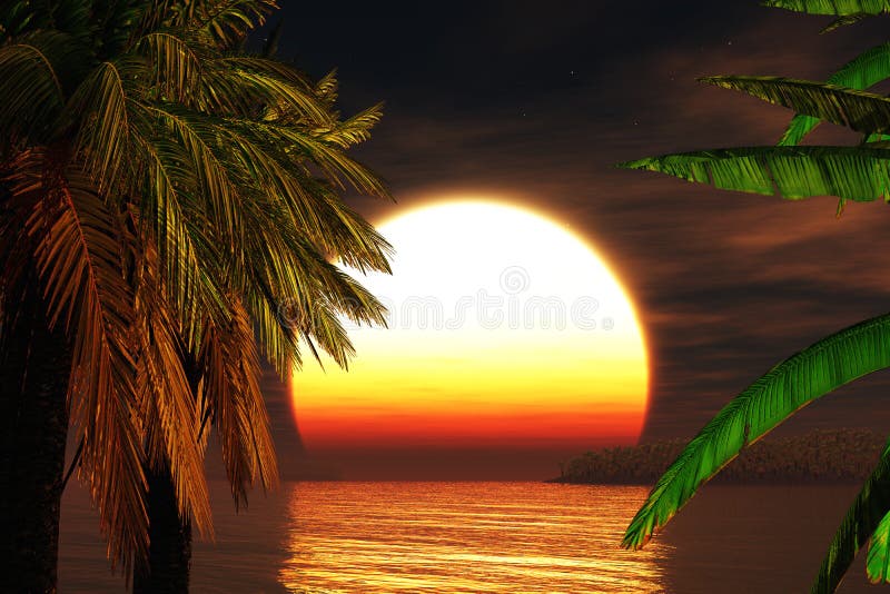 Tropical Paradise Sunset 3D Render Stock Illustration - Illustration of ...