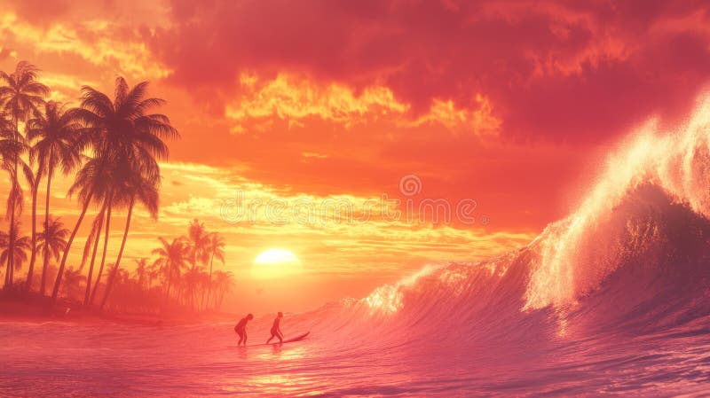 Tropical Paradise Surfing: Golden Sunset Wave Riders Stock Photo ...