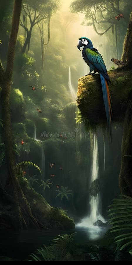 Tropical Parrot Bird Sitting on a Branch in Front of a Waterfall in the ...