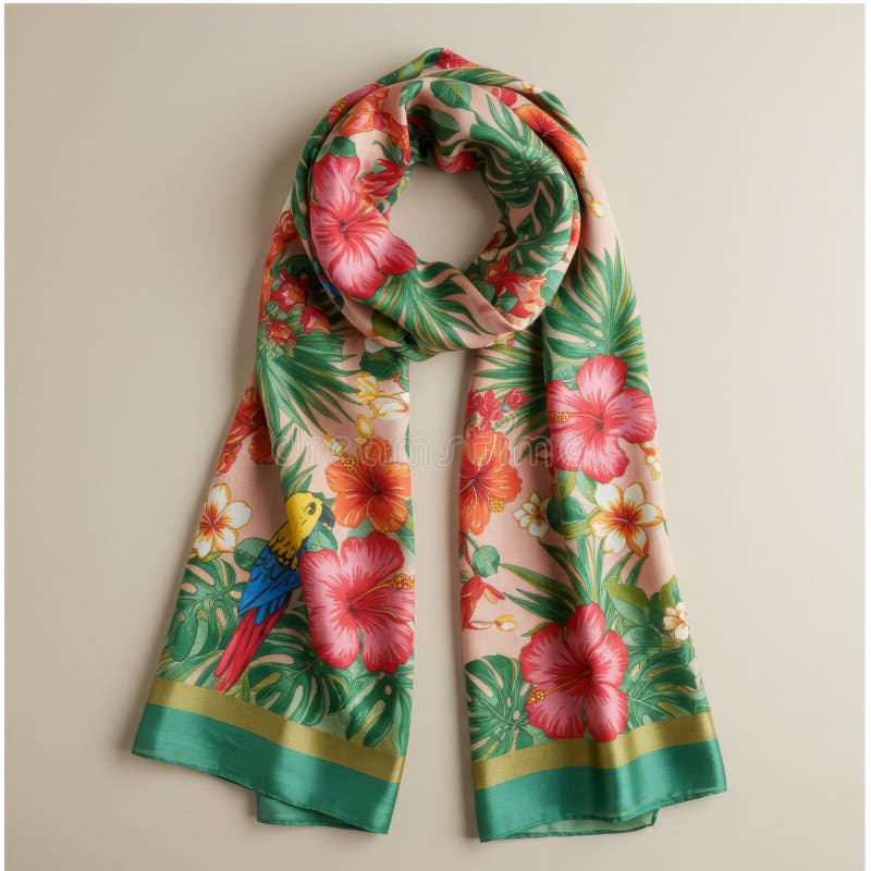 Tropical Parrot and Hibiscus Floral Silk Scarf Stock Illustration ...