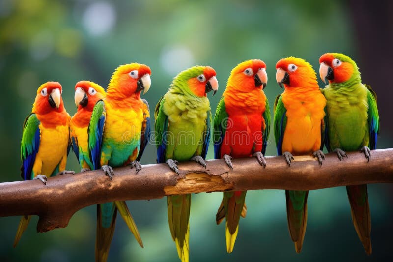 Tropical Parrots Sitting on a Tree Branch in the Rainforest Stock Photo ...