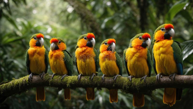 Tropical Parrots Sitting on a Tree Branch in the Rainforest Stock ...