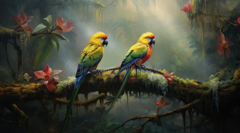Tropical Parrots Sitting on a Tree Branch in the Rainforest Stock Photo ...
