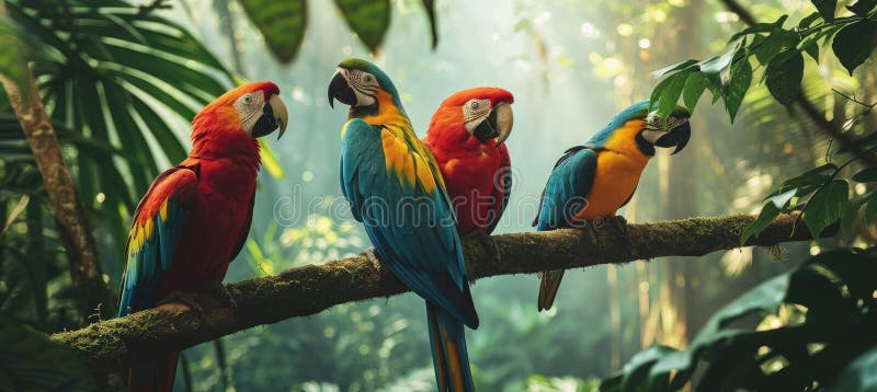 Tropical Parrots Sitting on a Tree Branch in the Rainforest Stock ...