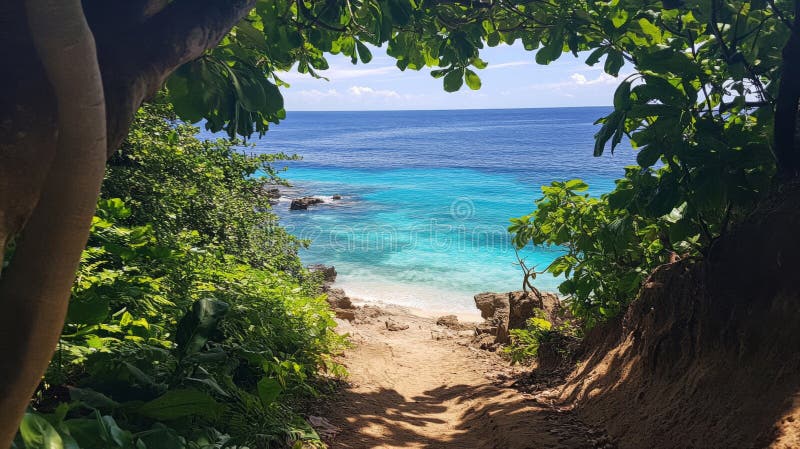 Tropical Path Leading To Secluded Turquoise Beach Stock Illustration ...