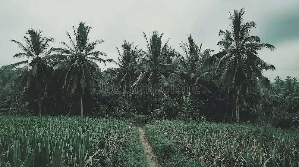 Tropical Path through Rice Paddy, Palm Trees, Overcast Sky Stock Photo ...