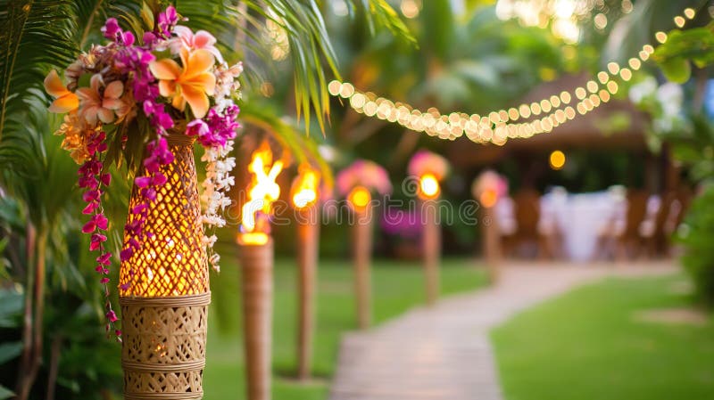 Tropical Pathway Lights Wedding Reception Stock Image - Image of garden ...