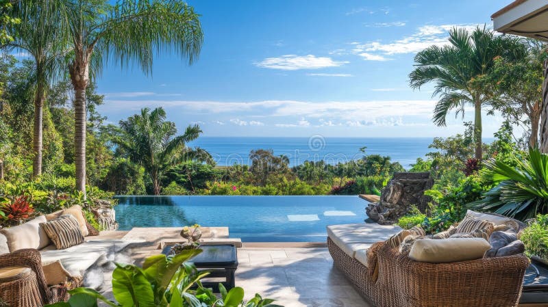 Tropical Patio with Infinity Pool Overlooking Ocean Stock Illustration ...