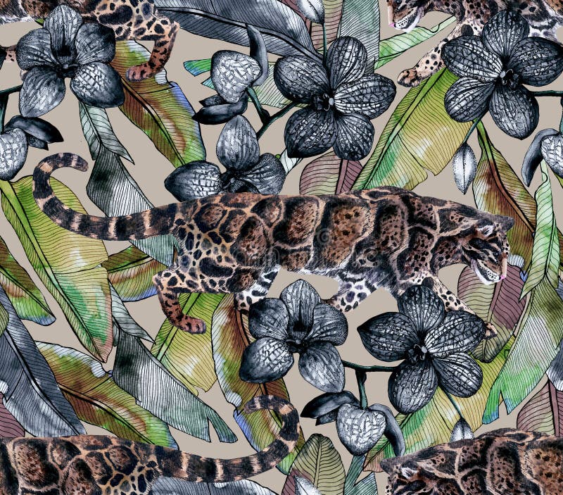 Tropical Pattern with Clouded Leopard and Tropical Flowers. Seamless ...