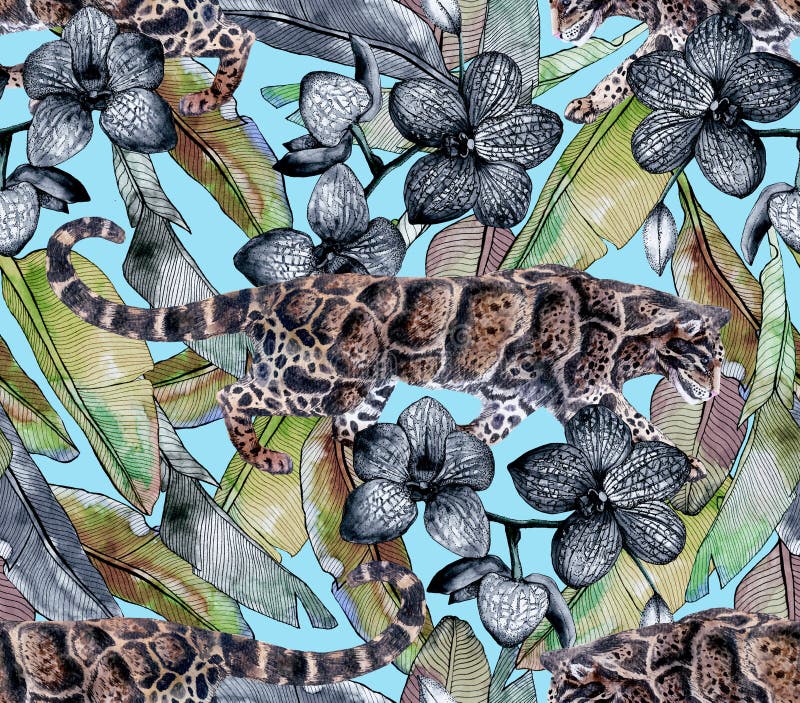 Tropical Pattern with Clouded Leopard and Tropical Flowers. Seamless ...
