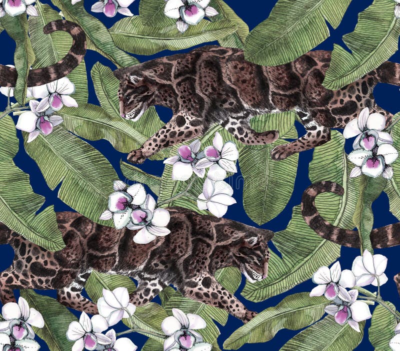 Tropical Pattern with Clouded Leopard and Tropical Flowers. Seamless ...